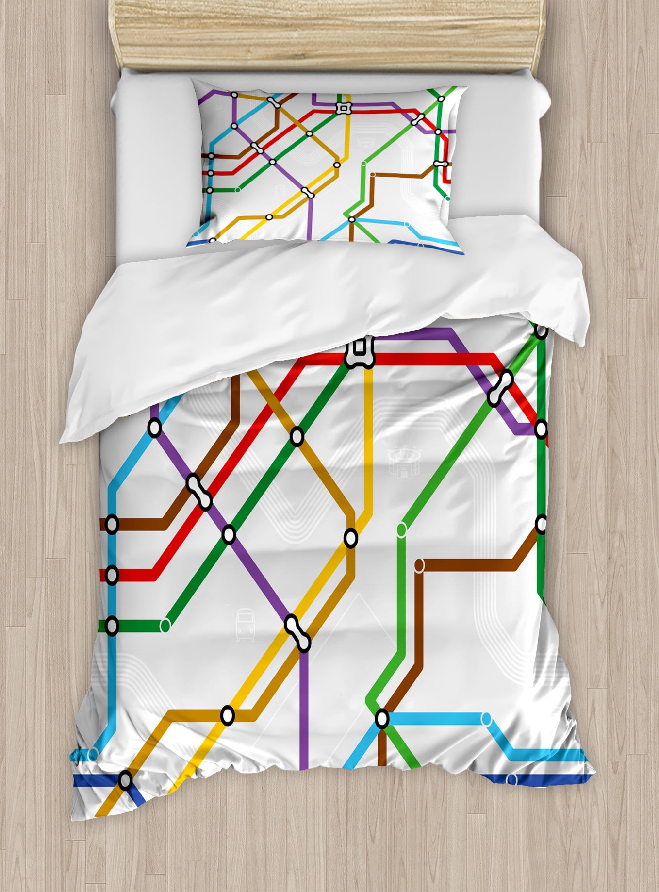 Map Duvet Cover Set, Stripes in Vibrant Colors Metro Scheme Subway ...