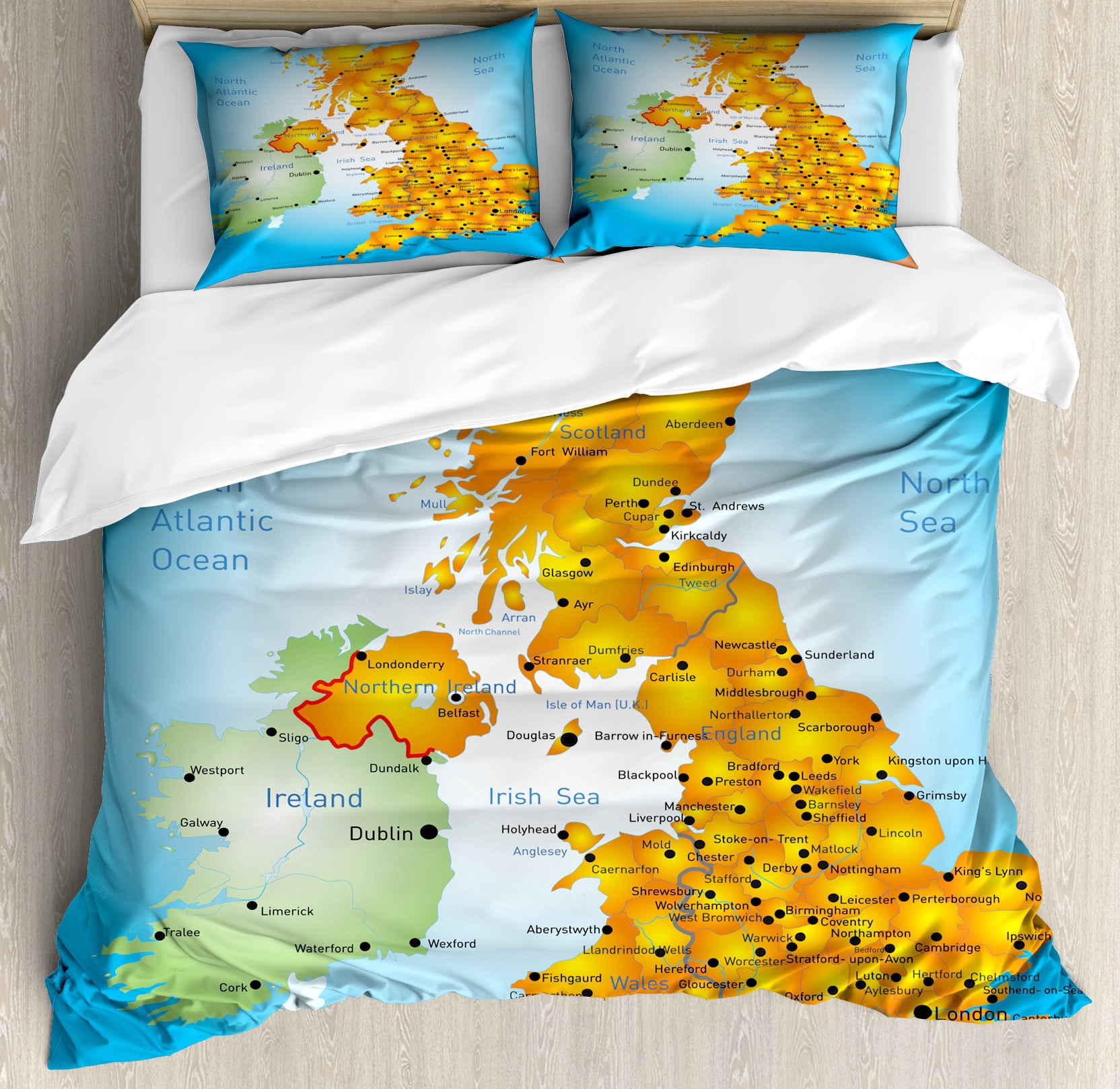 Map Duvet Cover Set, United Kingdom Lettering with Sea and Ocean Names ...