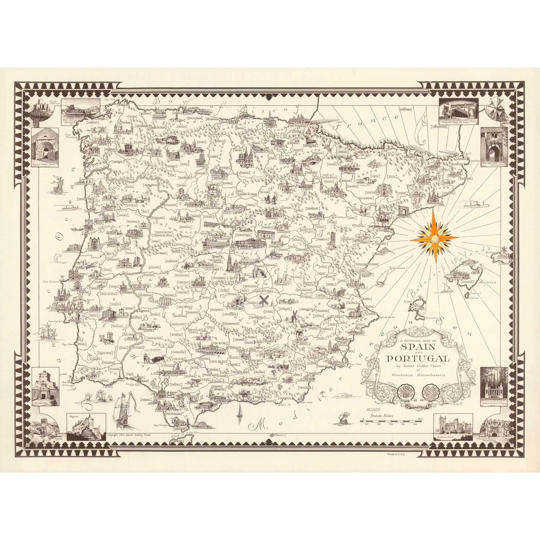 Map Ernest Dudley Chase 1935 Spain Portugal Pictorial Extra Large XL ...