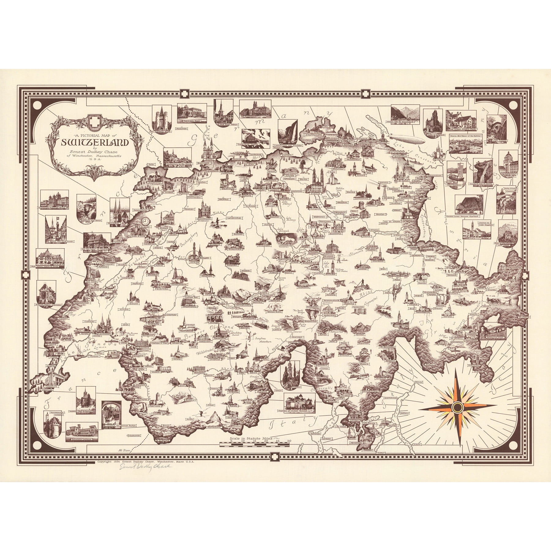 Map Ernest Dudley Chase 1936 Switzerland Pictorial Extra Large XL Wall ...
