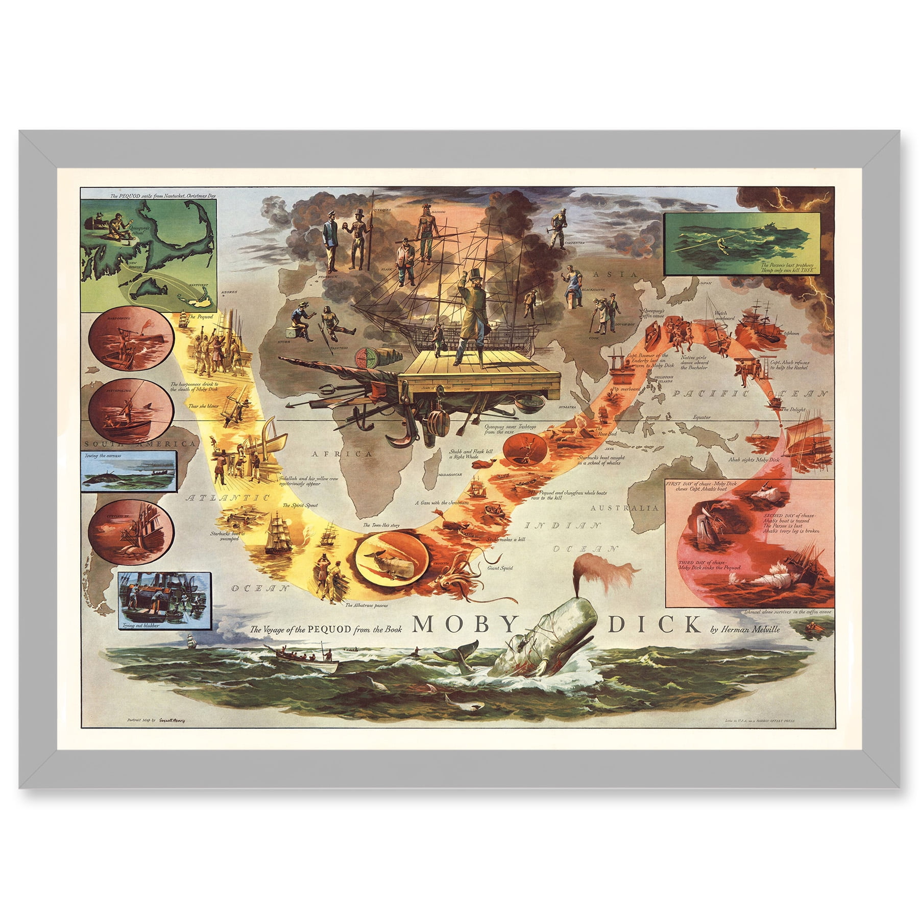 Map Everett 1956 Melville Moby Dick Voyage of Pequod Pictorial Artwork ...