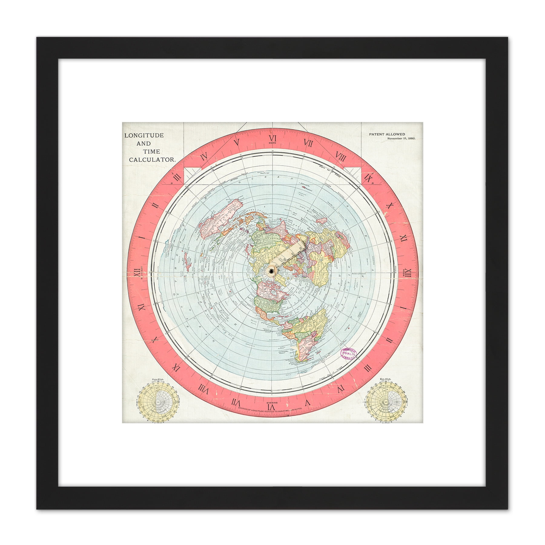 Map Gleason 1892 World Time Calculator Flat Earth 8X8 Inch Square ...