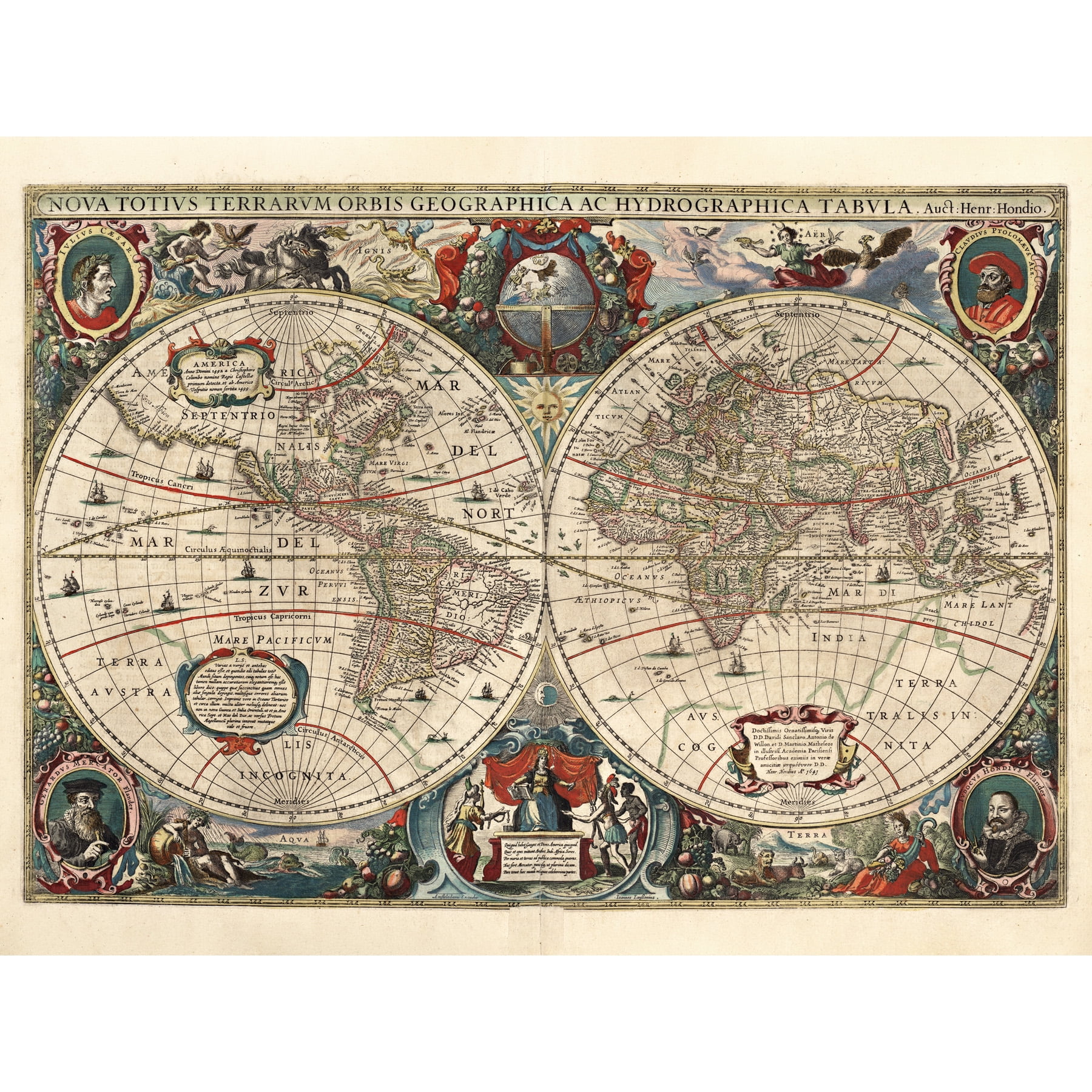 Map Hondius 1641 World Hemispheres Pictorial Extra Large XL Wall Art ...