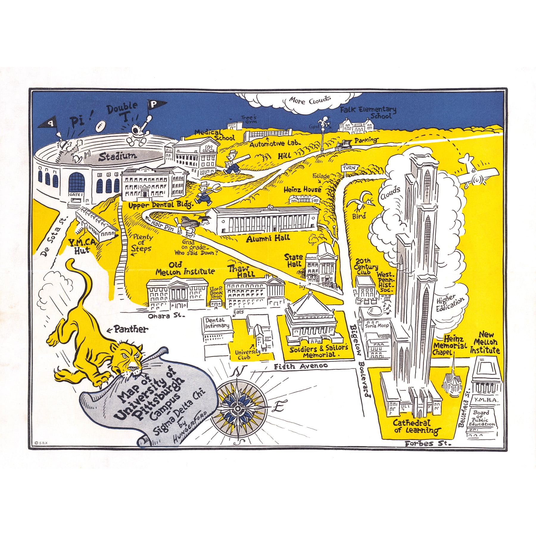 Map Hungerford 1935 University Pittsburgh Pictorial Extra Large XL Wall ...