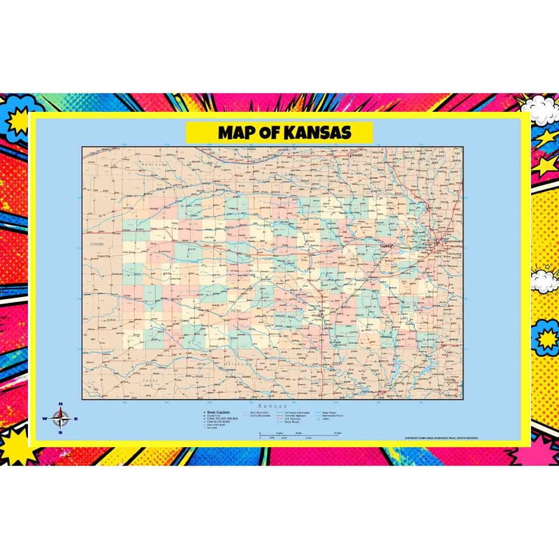 Map Of Kansas Style C - 24x36 Inch - Pop Art Edition Vibrant Perfect ...
