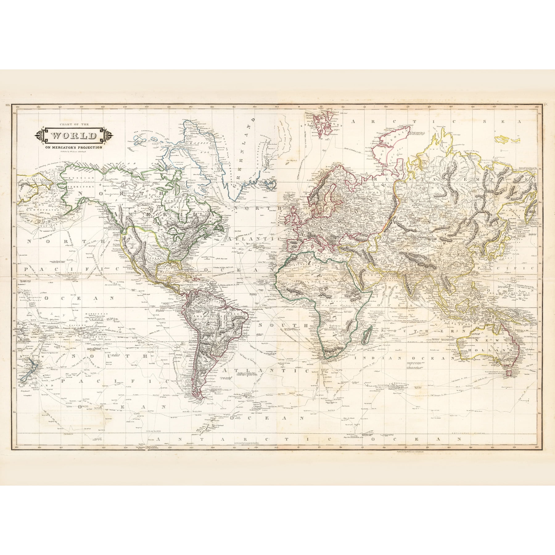 Map Lizars 1841 World Mercator's Projection Chart Extra Large XL Wall ...