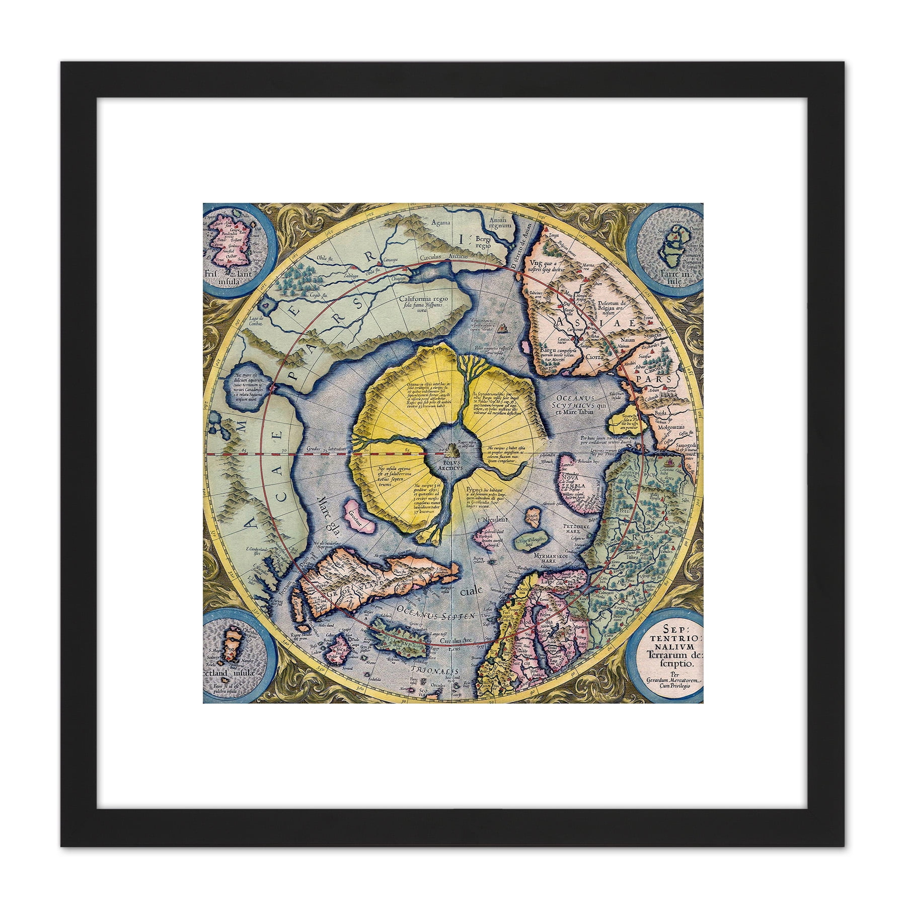 Map Mercator 1623 North Pole Arctic Pictorial Chart 8X8 Inch Square ...