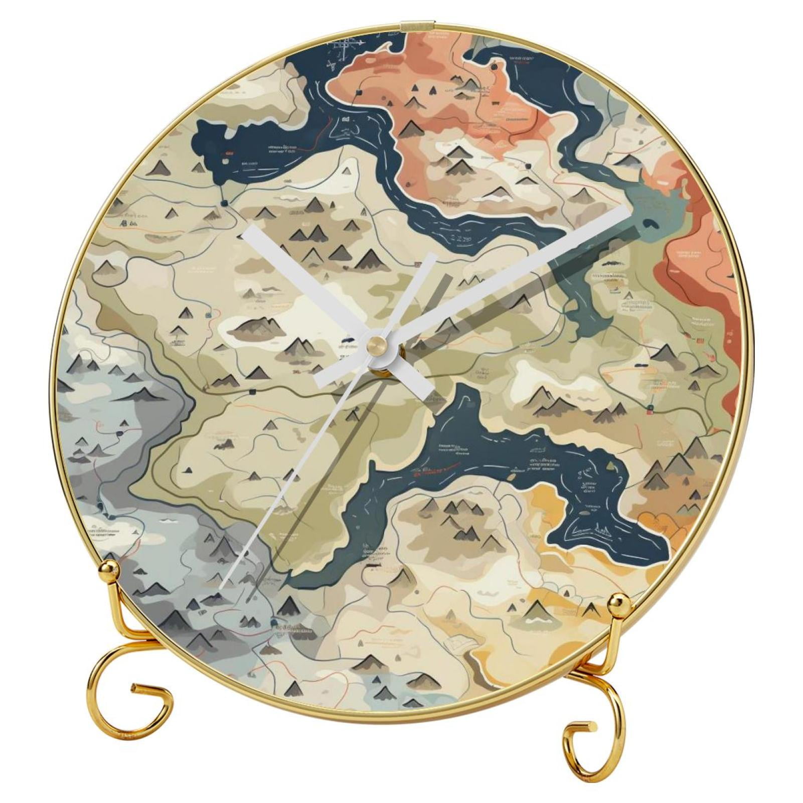 Map Modern Round Printed Wall Clock with Hooks and Gold Stand - Silent ...