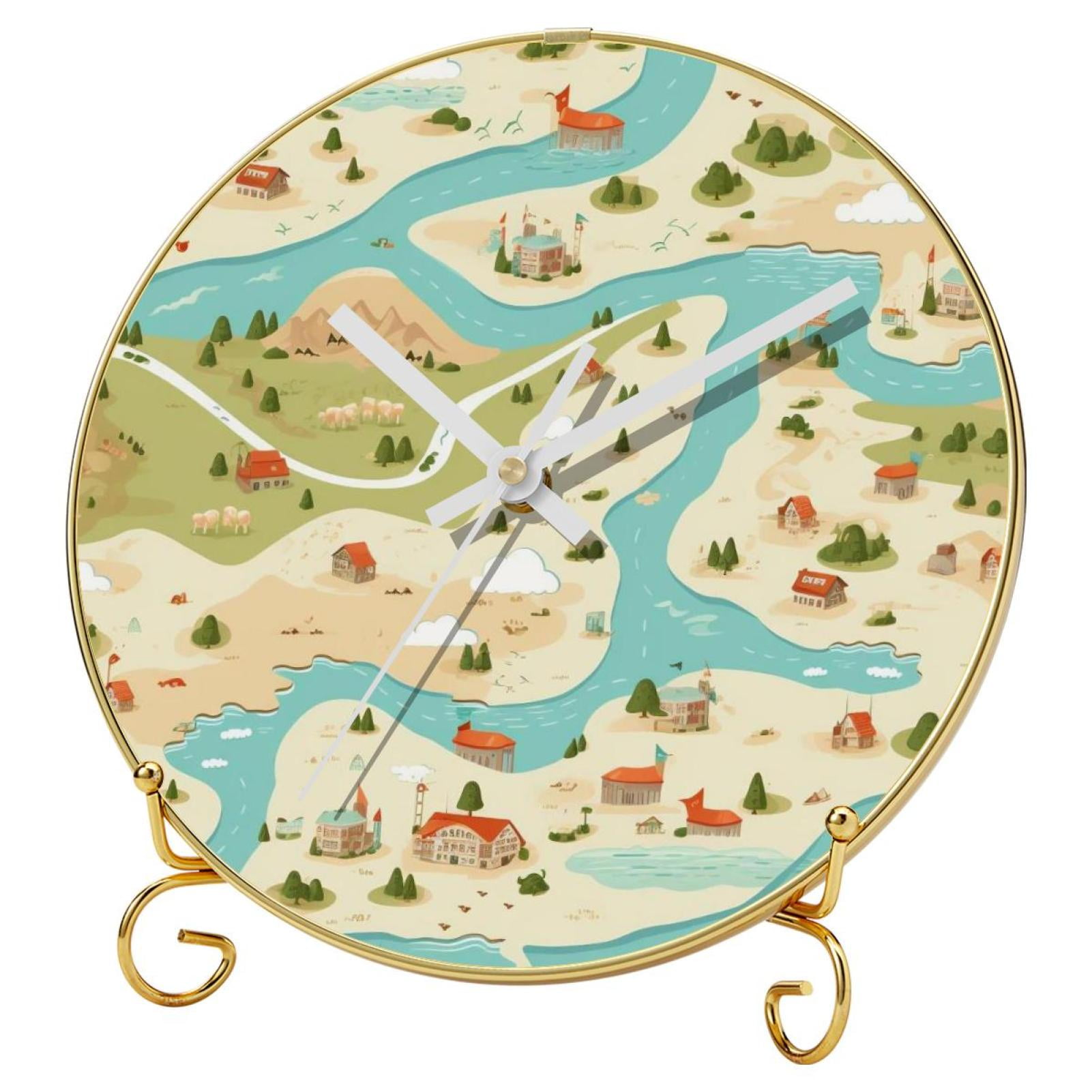 Map Modern Round Wall Clocks with Hooks and Gold Stand - Silent Non ...