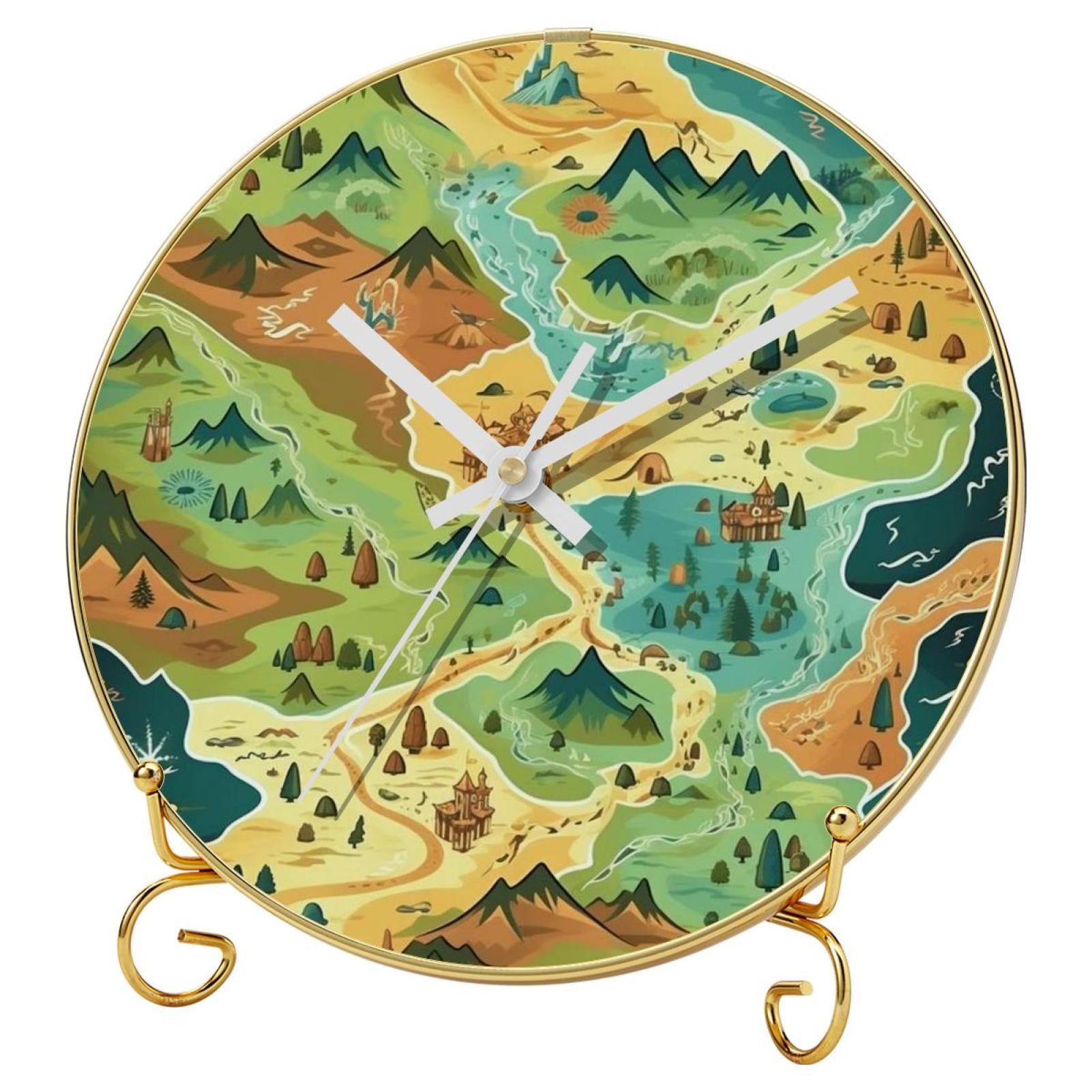 Map Modern Wall Clock with Hooks and Gold Stand - Round, Printed ...