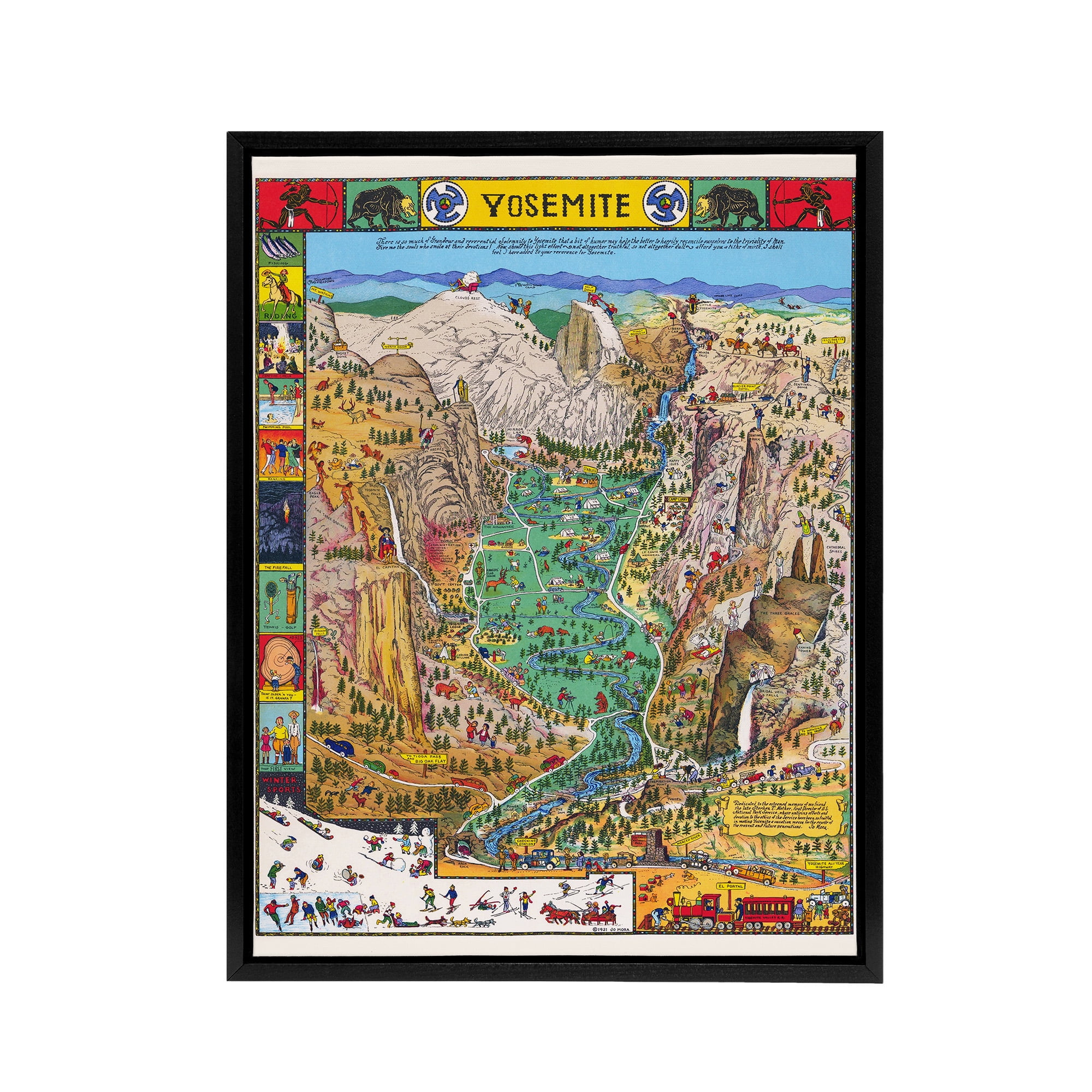Map Mora 1931 Yosemite Valley Black Framed Canvas Wall Art Print 18X24 ...