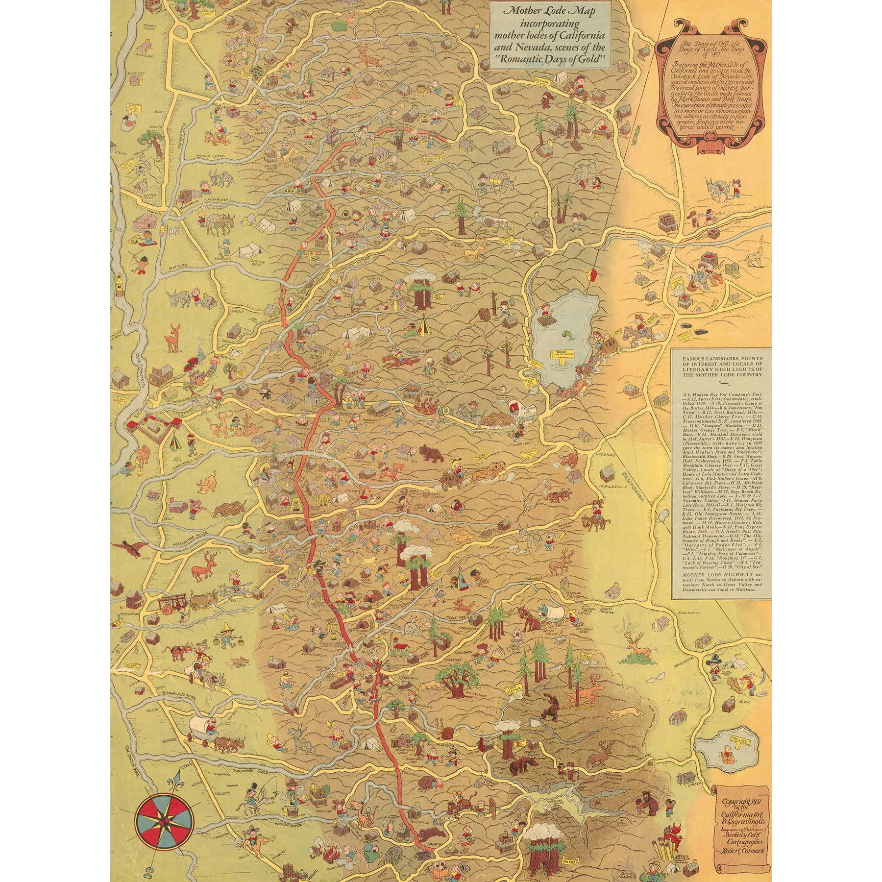 Map Motherlodes California Nevada Scenes Romantic Days Gold Extra Large XL Wall Art Poster Print ...