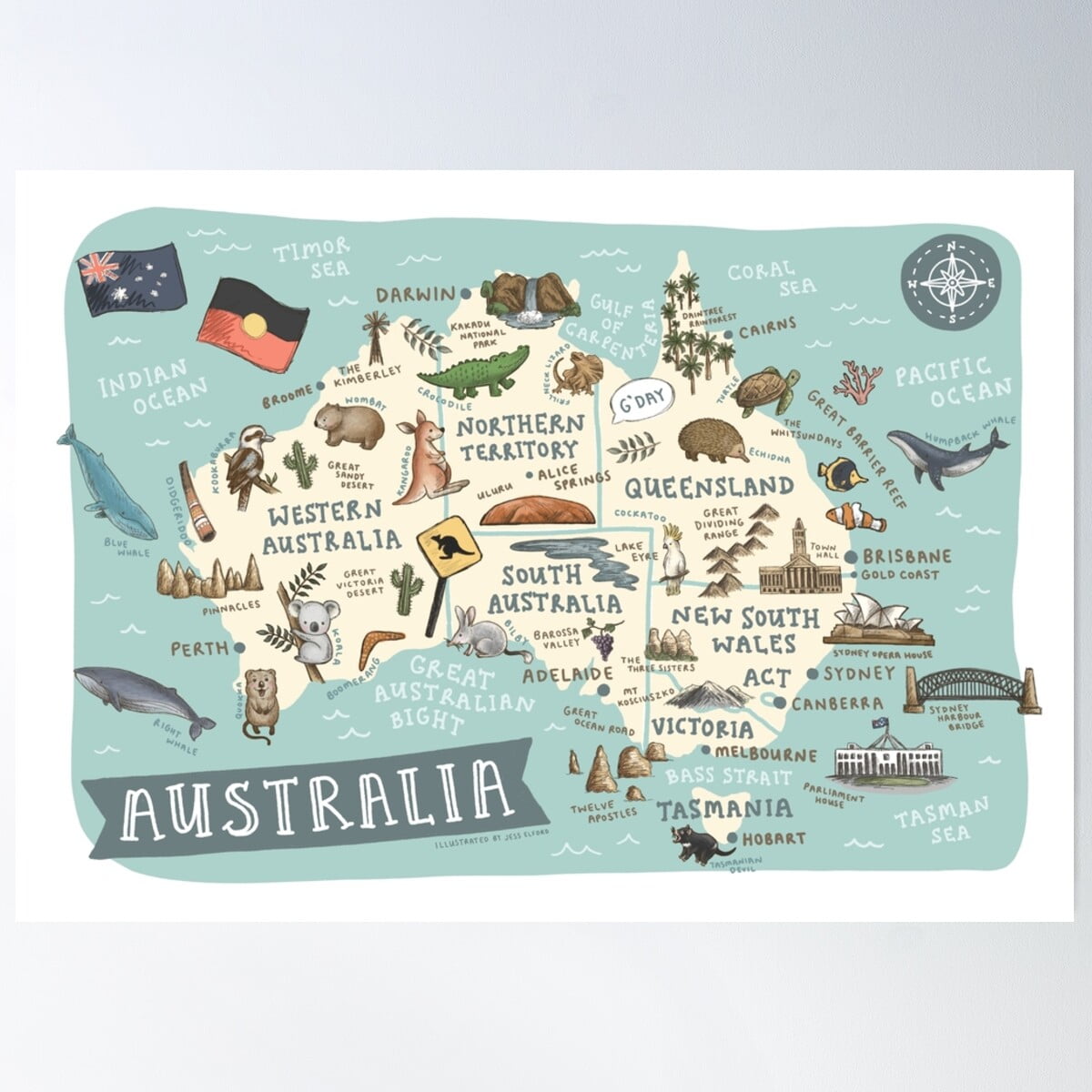 Map Of Australia Poster Wall Art, Modern Wall Decor For Living Room ...