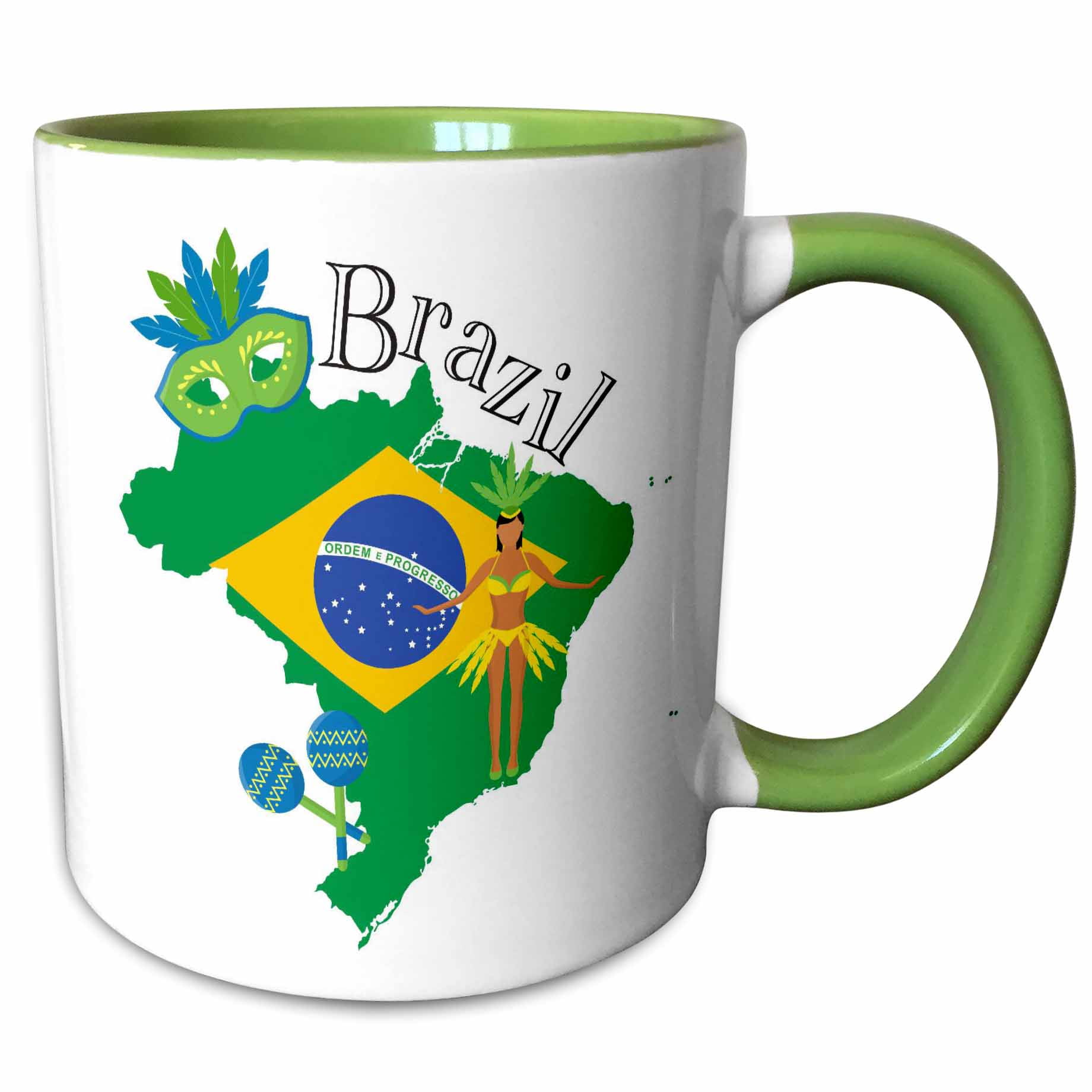 3drose, Map of Brazil with Flag and Some Icons, 15oz Two-tone Green Mug ...