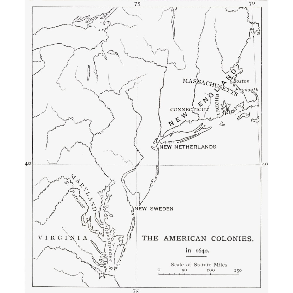 Map Of British Swedish And Dutch American Colonies As They Were In 1640 ...