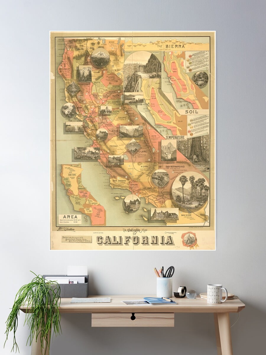 Map Of California C1890S Poster Wall Art, Modern Wall Decor For Living ...