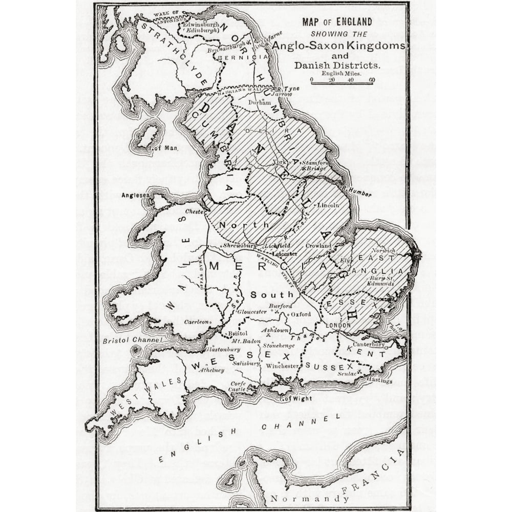 Map Of England Showing The Anglo-Saxon Kingdoms And Danish Districts In ...