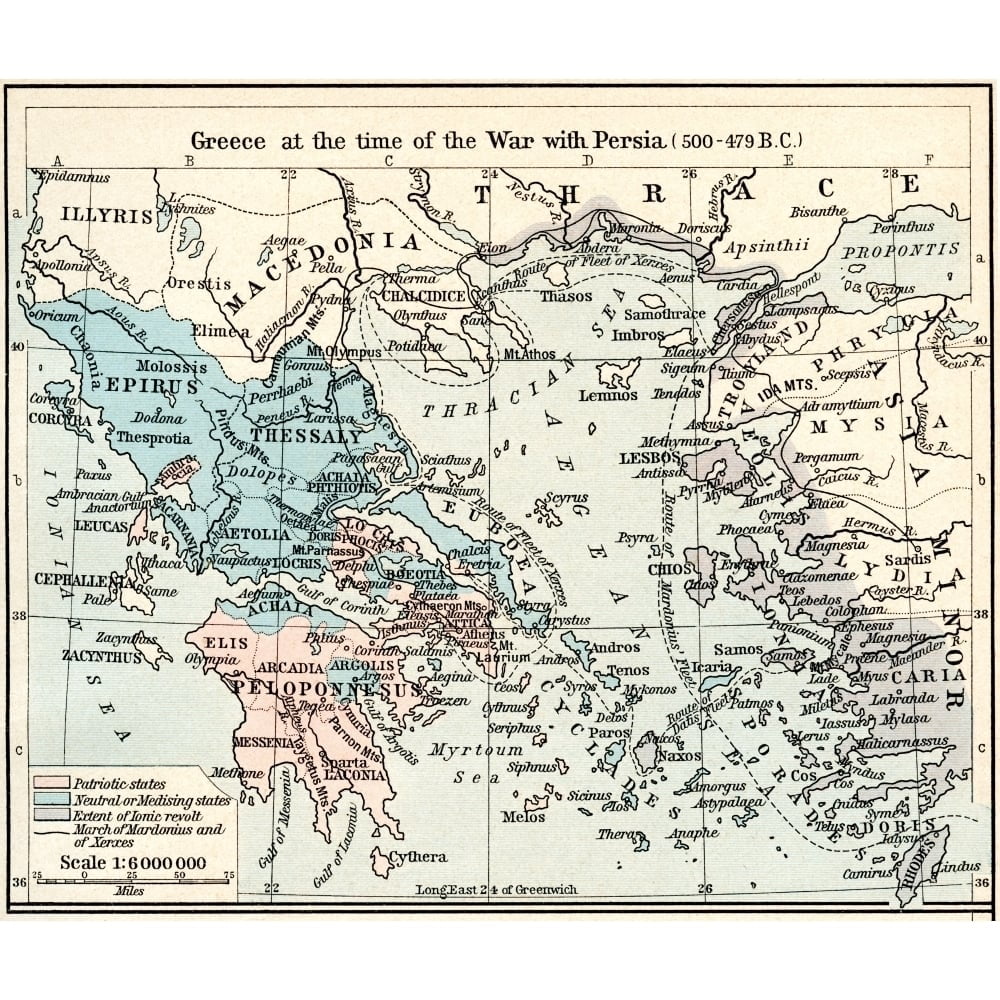 Map Of Greece At The Time Of The War With Persia 500 - 479 B.c. The ...
