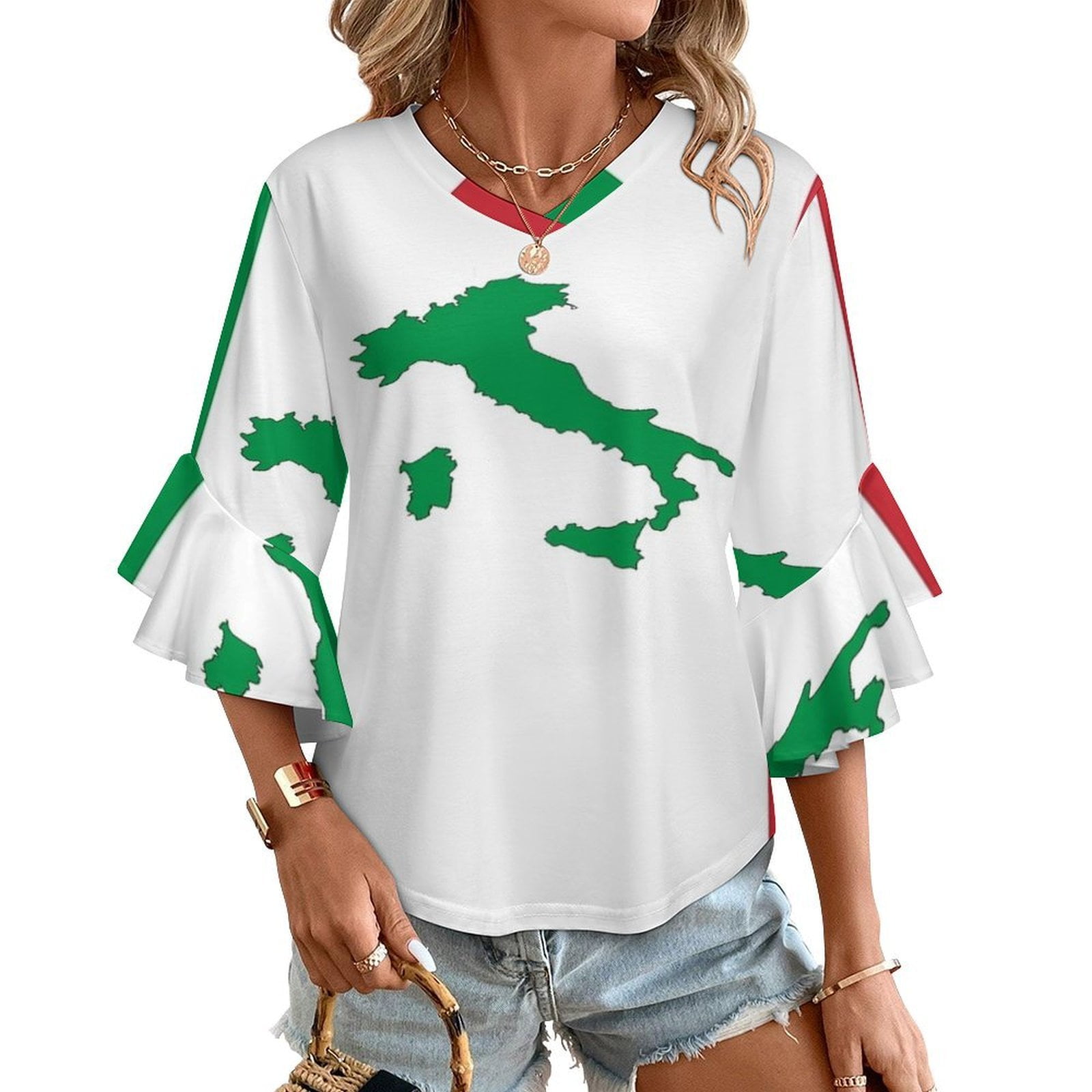 Map Of Italy - Italian Flag Women's V-Neck Blouse With 3/4 Ruffled Bell ...