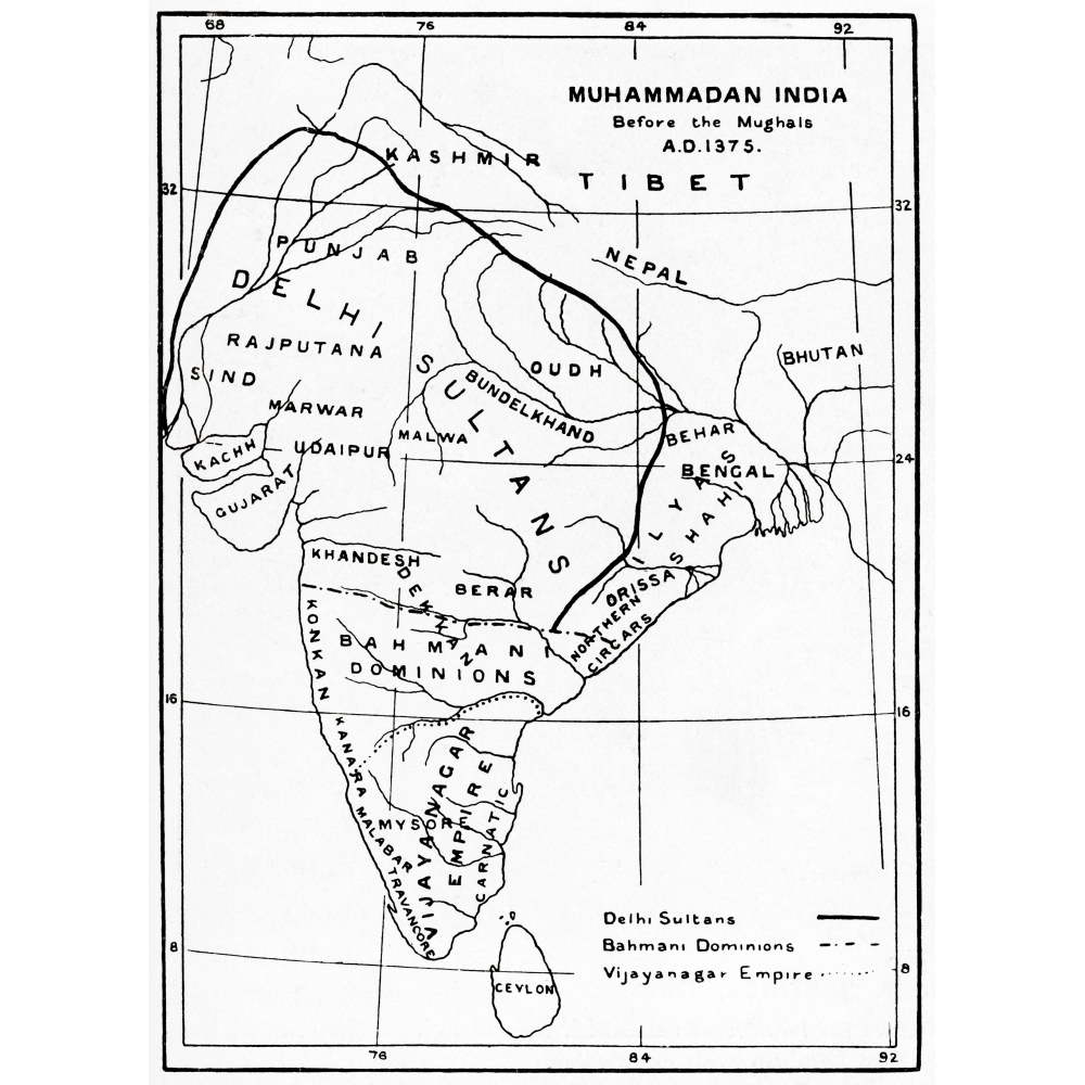 Map Of Muhammadan India Before The Mughals Circa 1375. From Hutchinsons ...