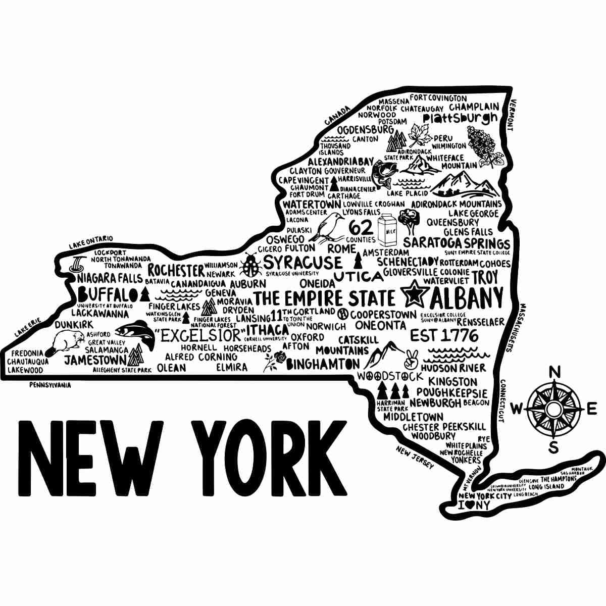 Map Of New York Cities Symbol - 18x24 Inch - Laminated Wall Map for ...