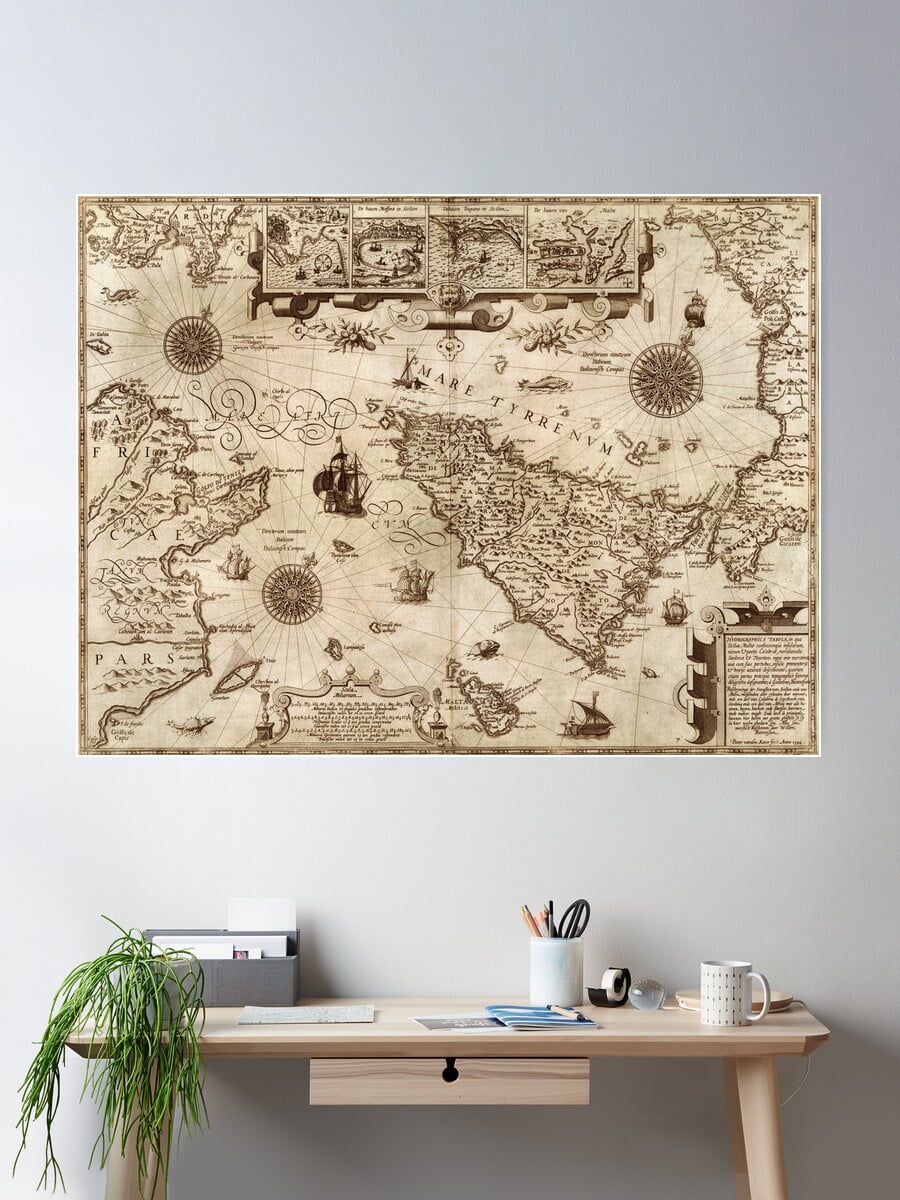 Map Of Sicily 1594 Poster Wall Art, Modern Wall Decor For Living Room Bedroom, 16x24 UNFRAMED ...