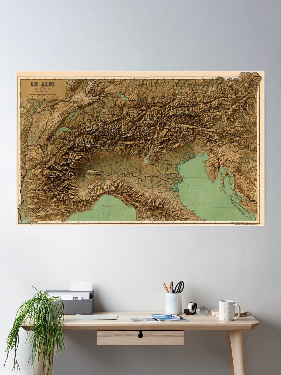 Map Of The Italian Alps 1899 Poster Wall Art, Modern Wall Decor For ...