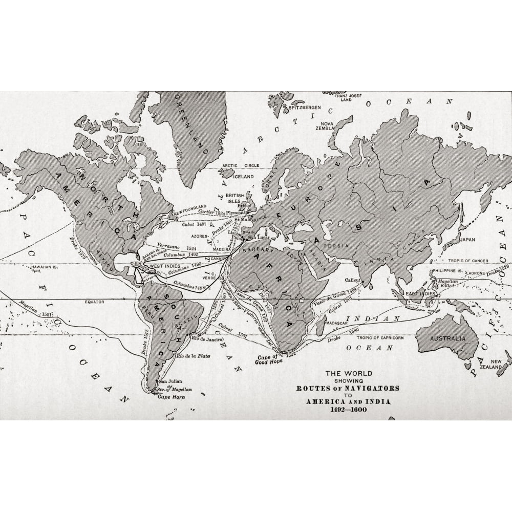 Map Of The World Showing The Routes Of Navigators To America And India ...
