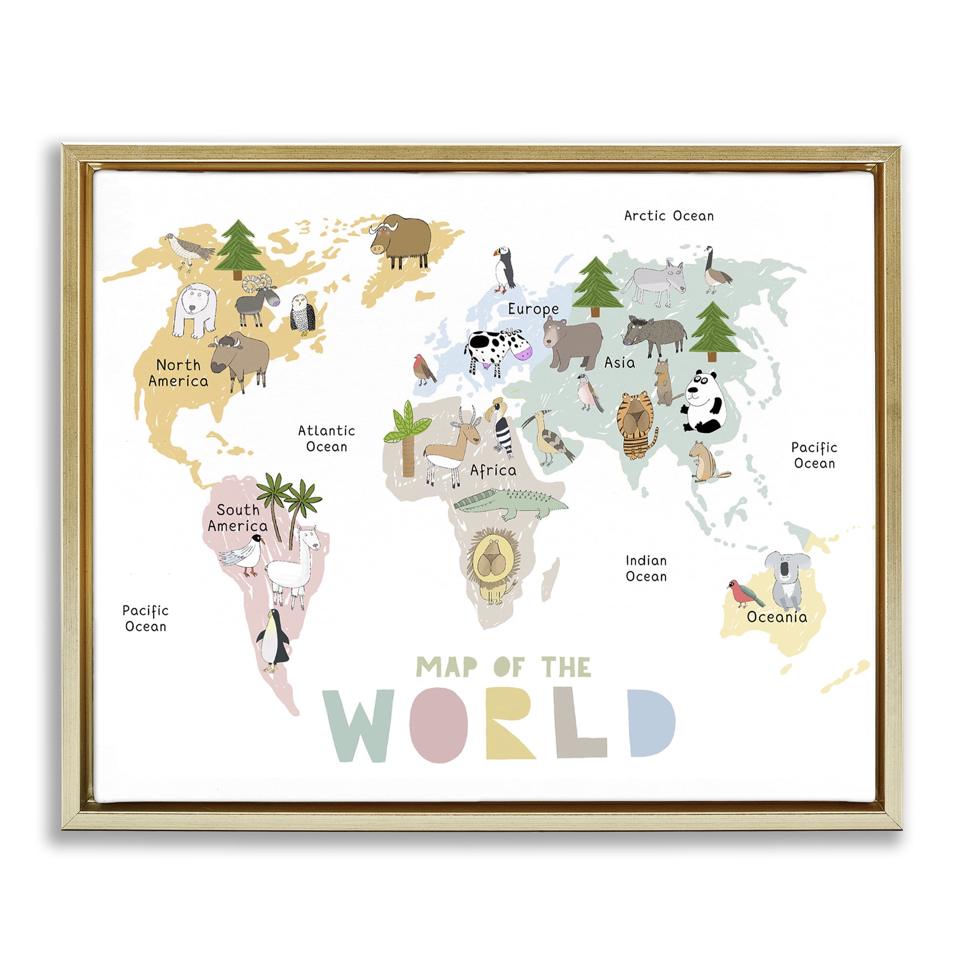 Map Of World Pastel Animals Gold Framed Floater Canvas Wall Art, design ...