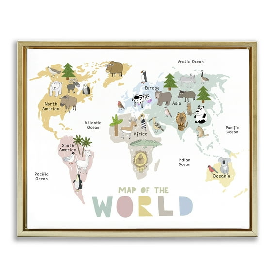 Map Of World Pastel Animals Gold Framed Floater Canvas Wall Art, design ...