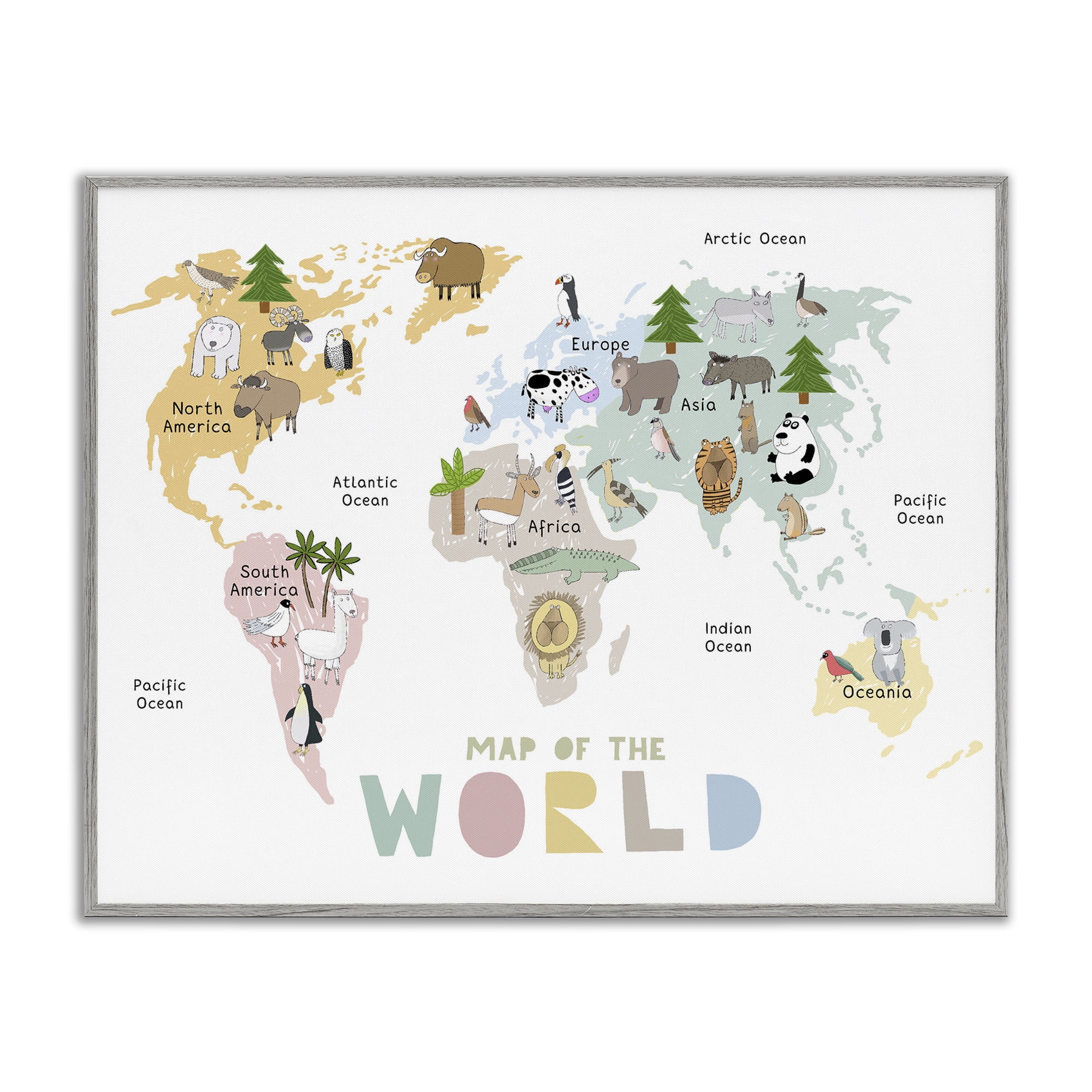 Map Of World Pastel Animals Gray Framed Giclee Art, design by Carla ...