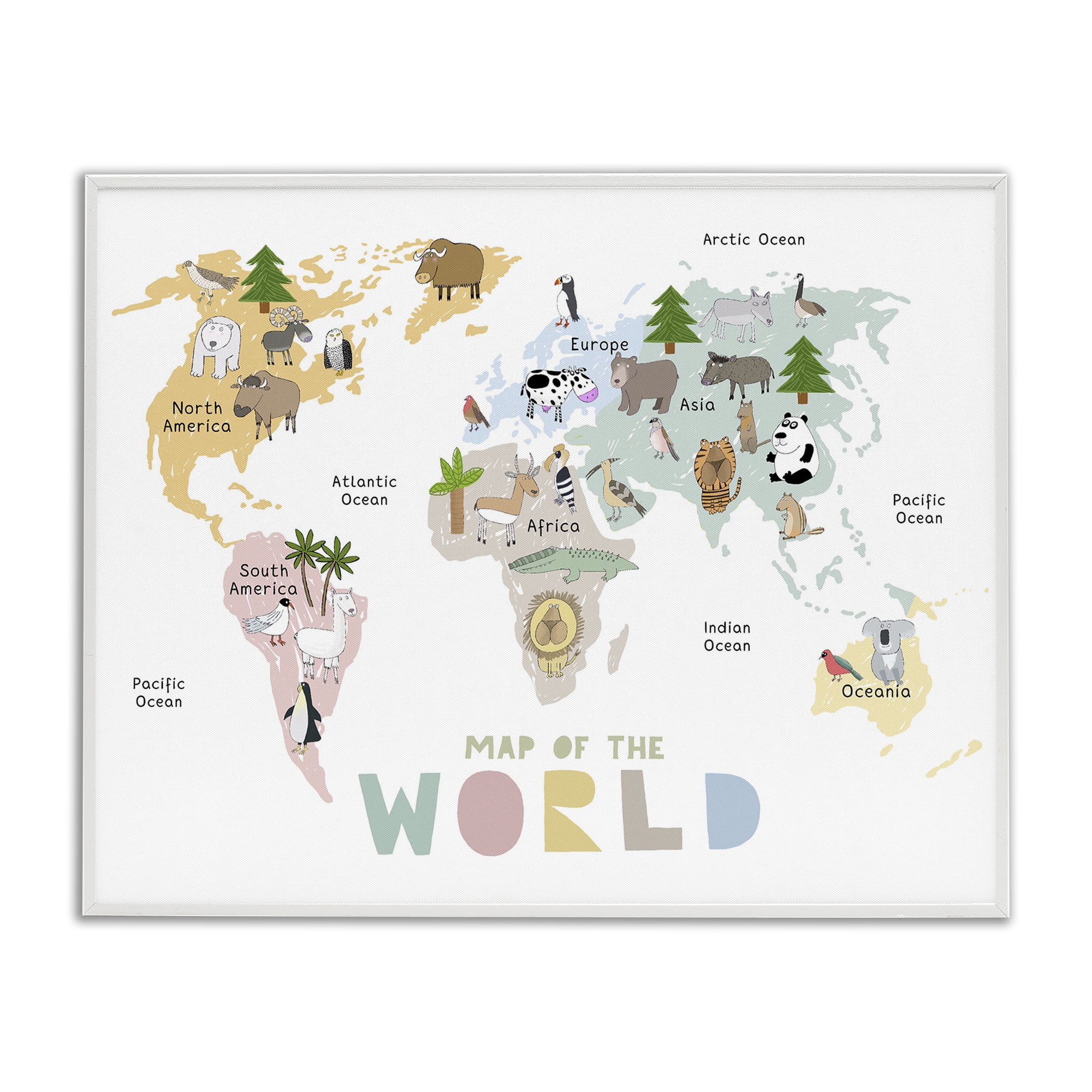 Map Of World Pastel Animals White Framed Giclee Art, design by Carla ...