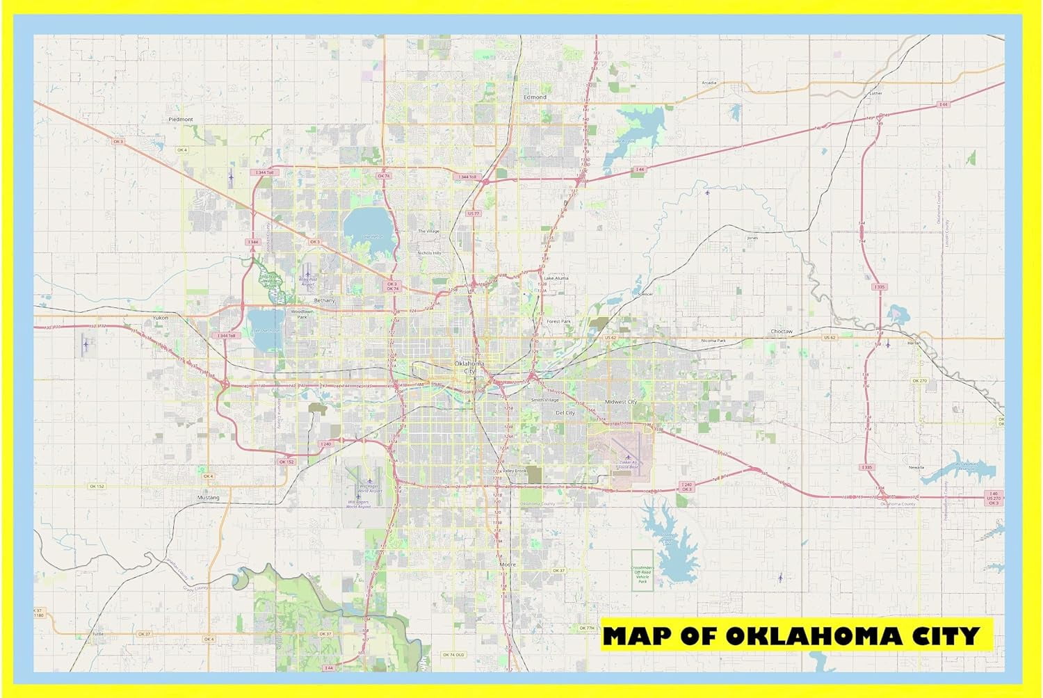 Map of Oklahoma City 18x24 with Neighborhoods, Streets, Roads, Highways ...