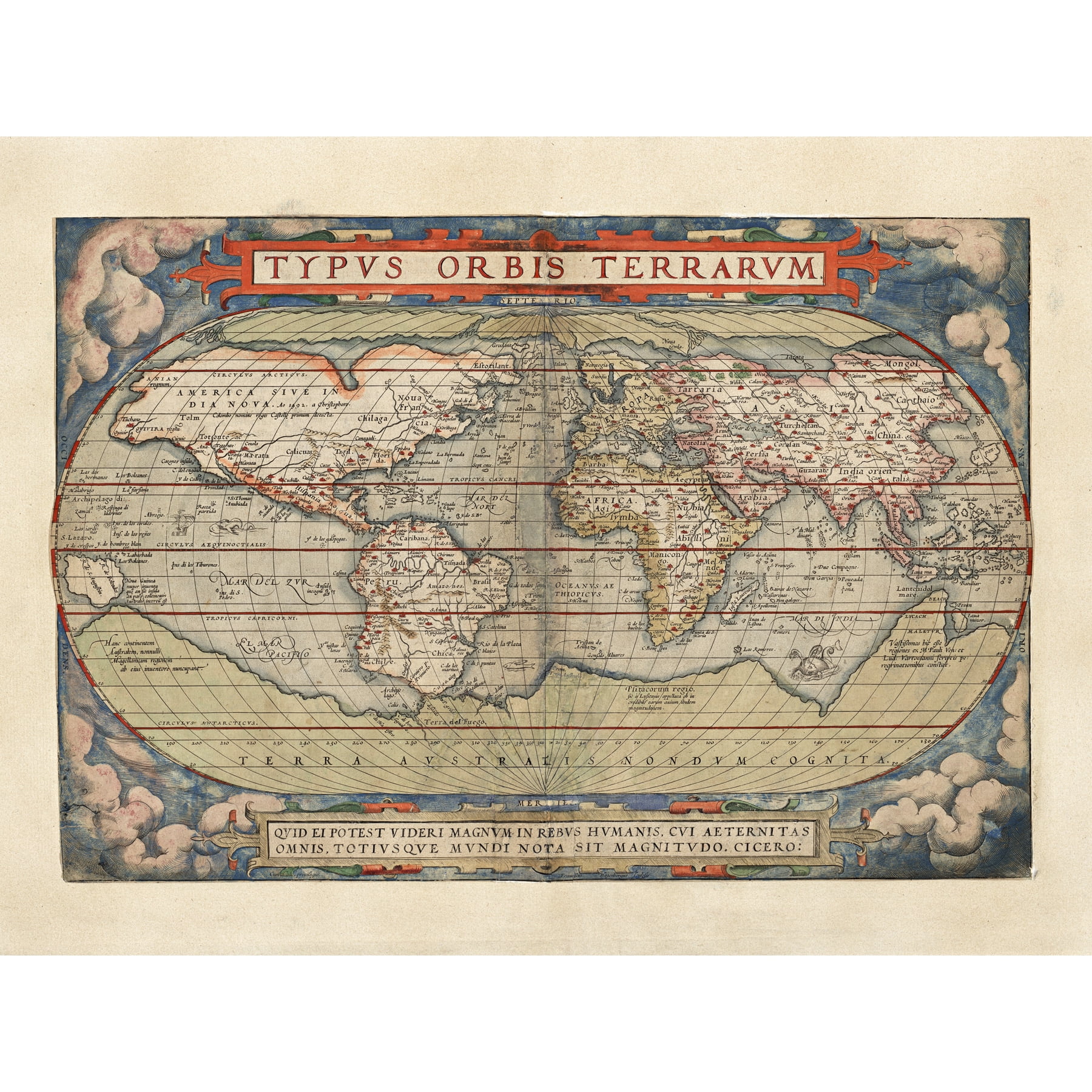 Map Ortelius 1579 World Earth Continents Ornate Extra Large XL Wall Art ...