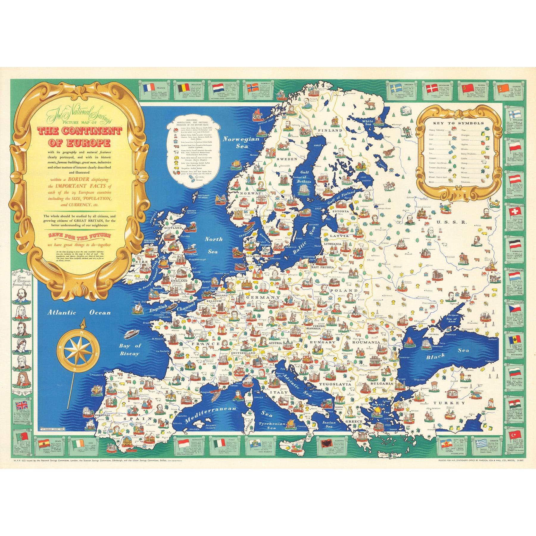 Map Paine 1945 European Nations Industries Pictorial Extra Large XL ...
