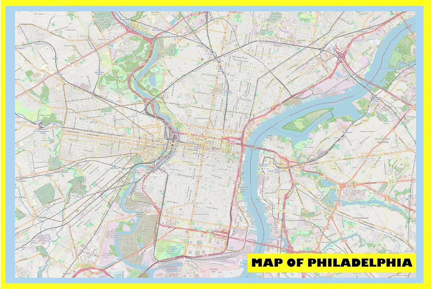 Map of Philadelphia 36x54 with Neighborhoods, Streets, Roads, Highways ...