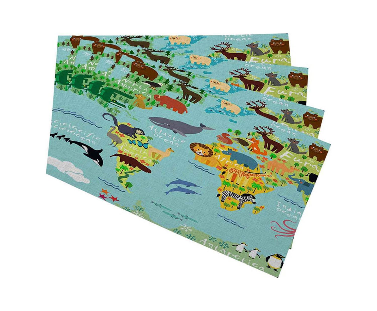 Map Placemats Cartoon Safari Animal World Map Tree Mountain Ocean Fish ...