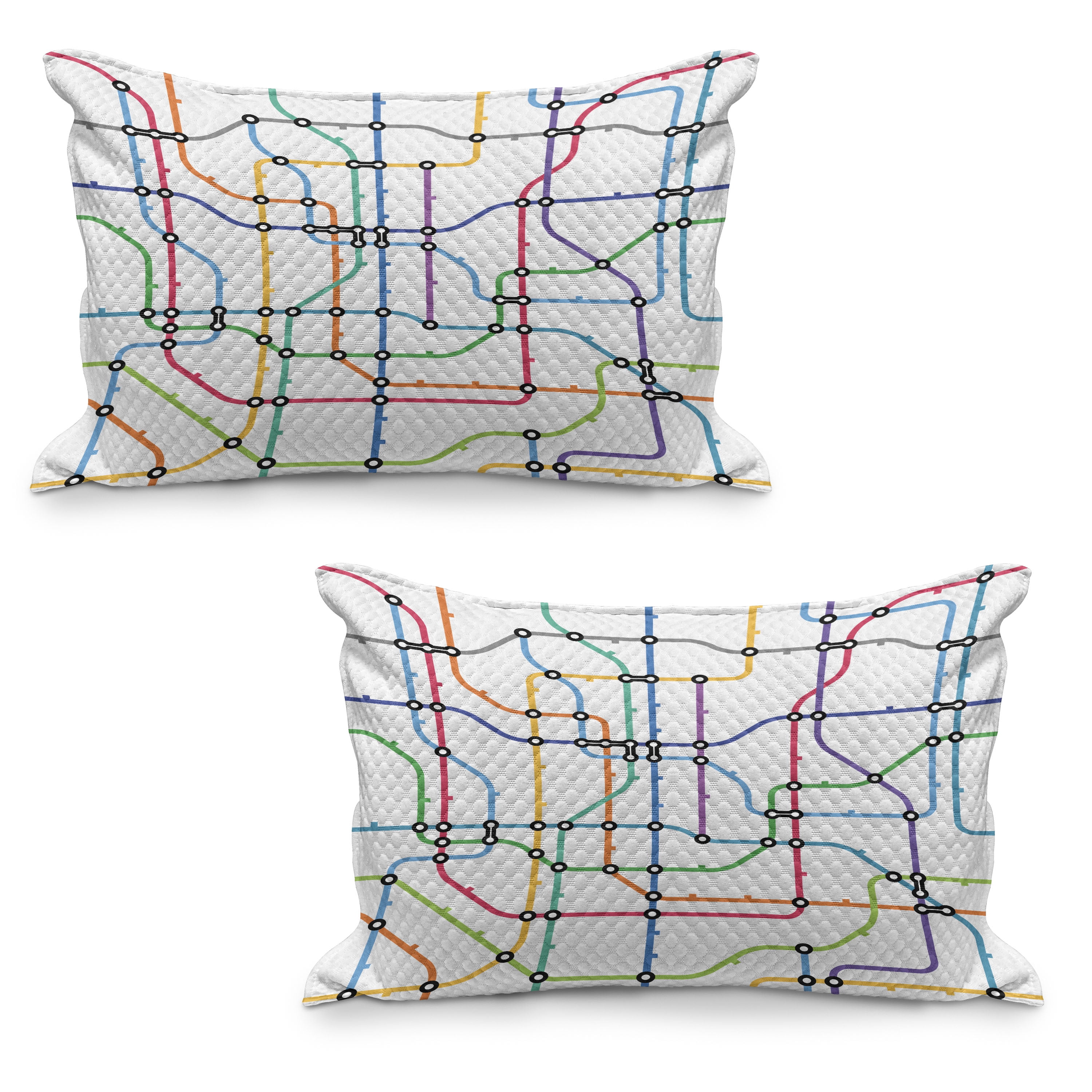 Map Quilted Pillowcover Set of 2, Colorful Thin Lines Metro Scheme ...