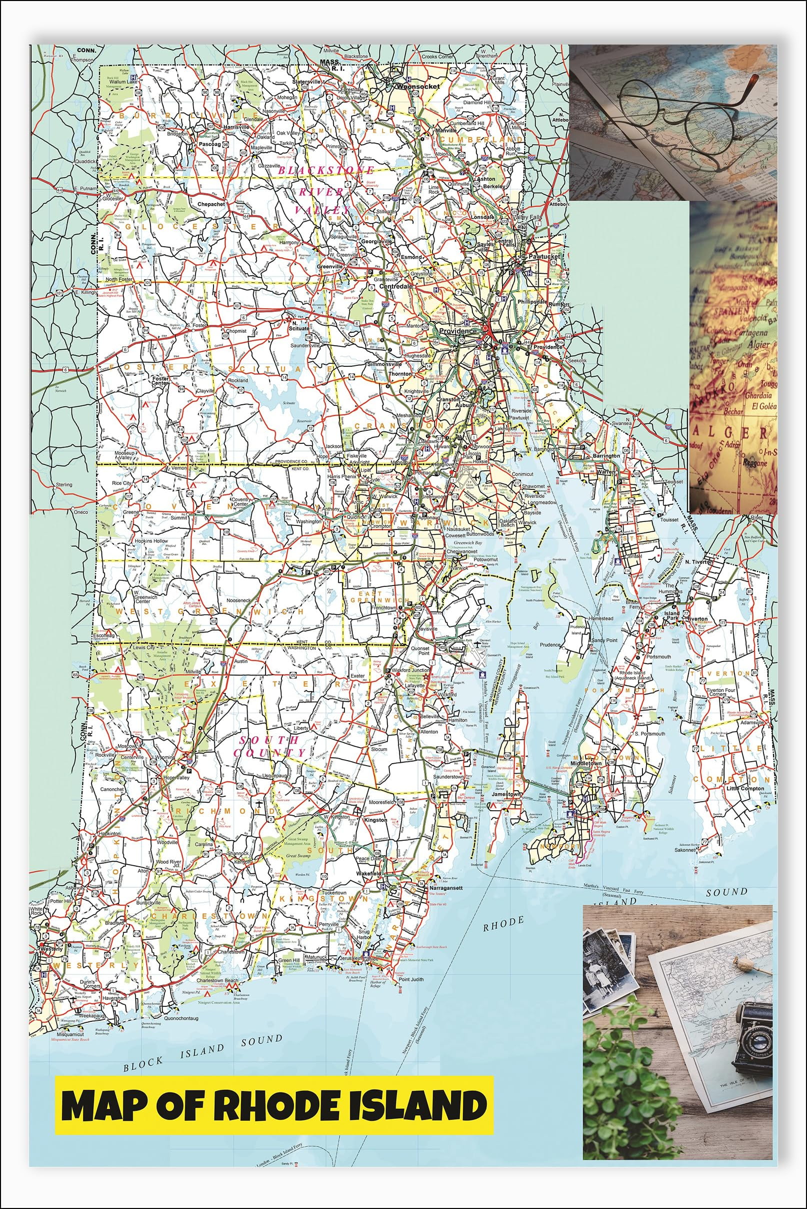 Map of Rhode Island 36x54 Large Detailed Roads and Highways, Maryland ...