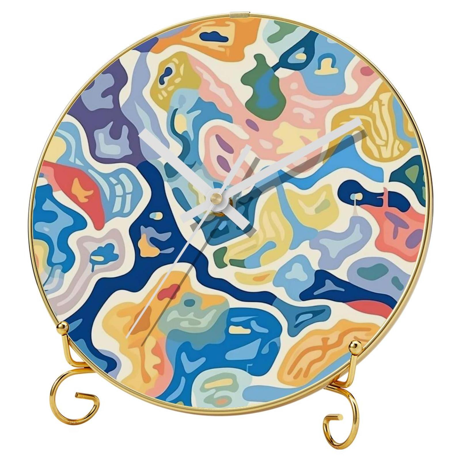 Map Round Printed Wall Clock with Hooks and Gold Stand - Silent Non ...