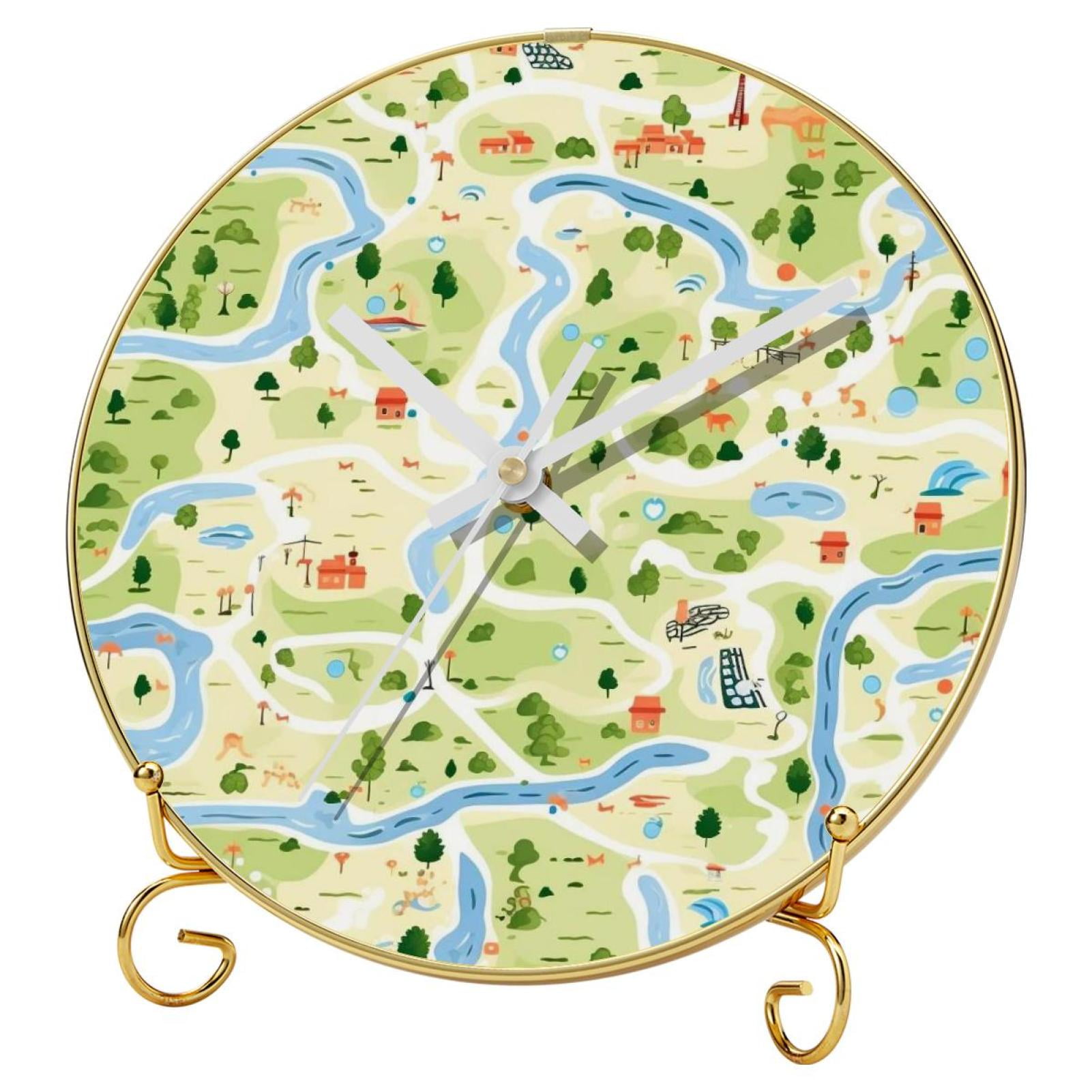 Map Round Printed Wall Clocks with Hooks and Gold Stand: Silent, Non ...
