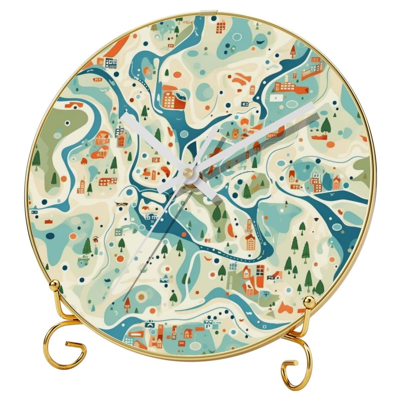 Map Round Printed Wall Clocks with Hooks and Gold Stand - Silent, Non ...