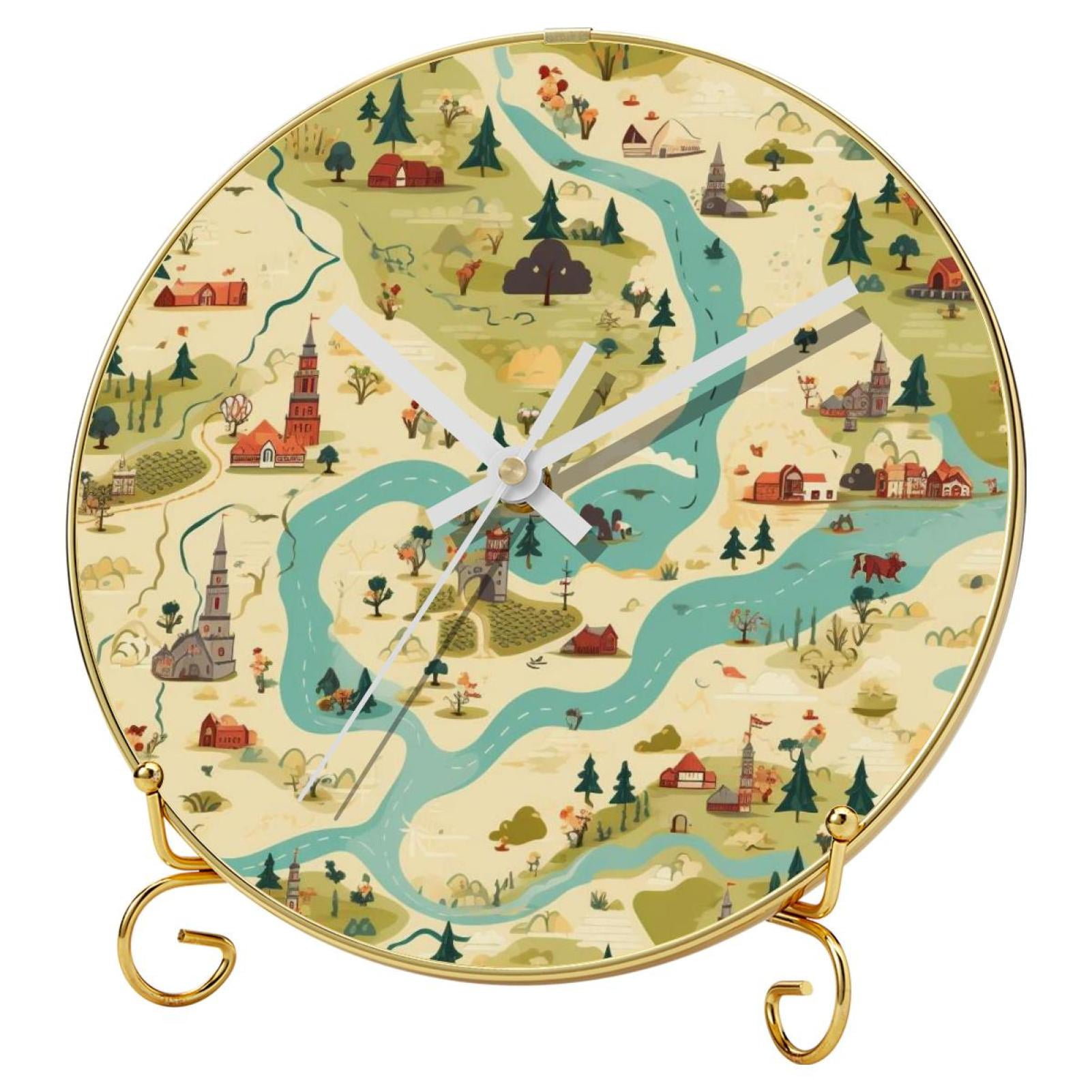 Map Round Printed Wall Clocks with Hooks and Gold Stand, Silent Non ...