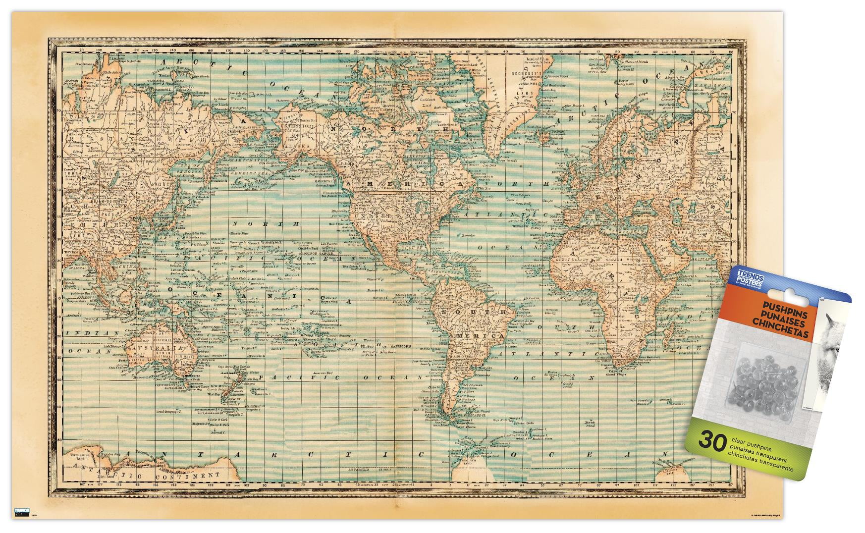 Map - Rustic Wall Poster with Push Pins, 14.725" x 22.375" - Walmart.com