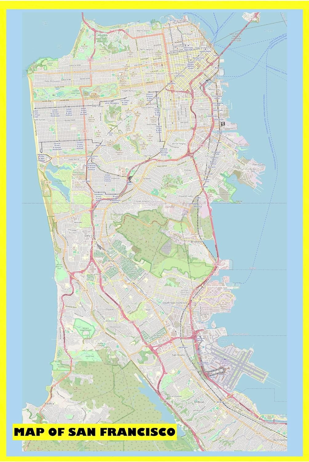 Map of San Francisco 18x24 with Neighborhoods, Streets, Roads, Highways ...