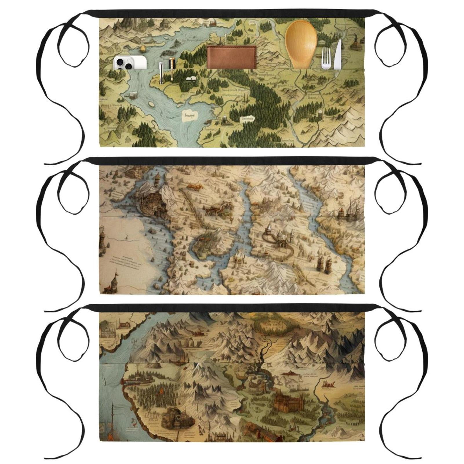 Map Section Printed Cleaning Apron with 3 Pockets - Half Aprons, Work ...