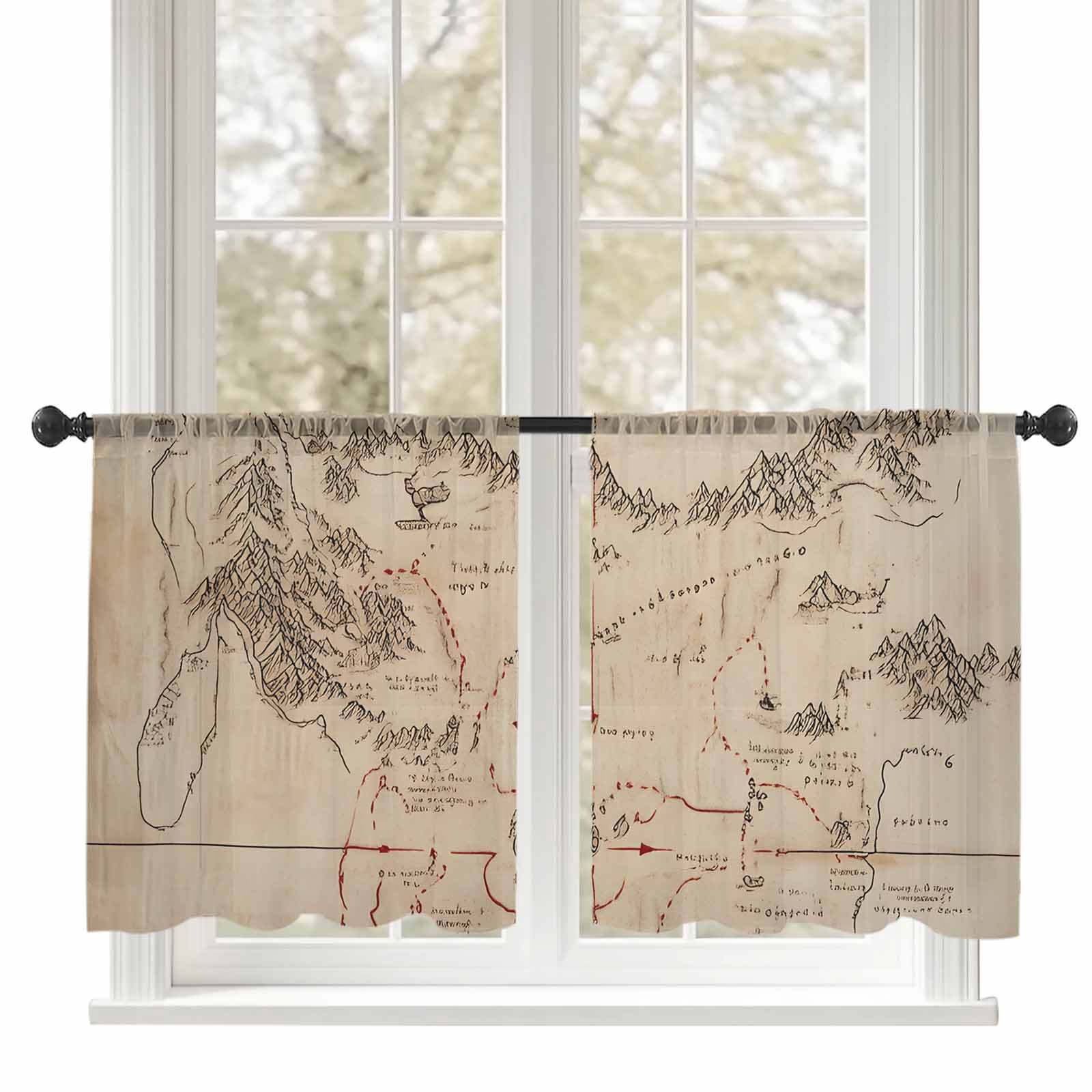 Map Sheer Curtains 54 inches Long, Medieval Retro Light Filtering Sheer ...