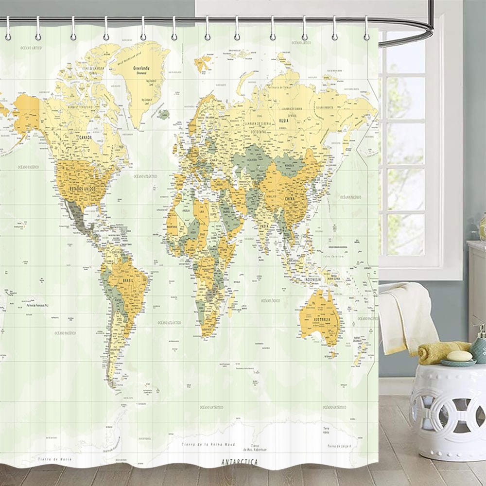 Map Shower Curtain, Teal Asia Europe South City Topography America ...