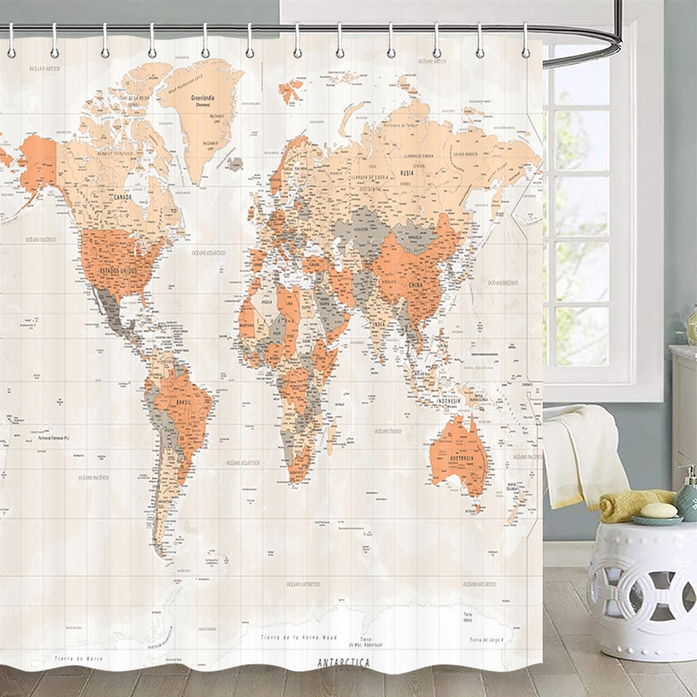 Map Shower Curtain, Yellow Asia Europe South City Topography America ...