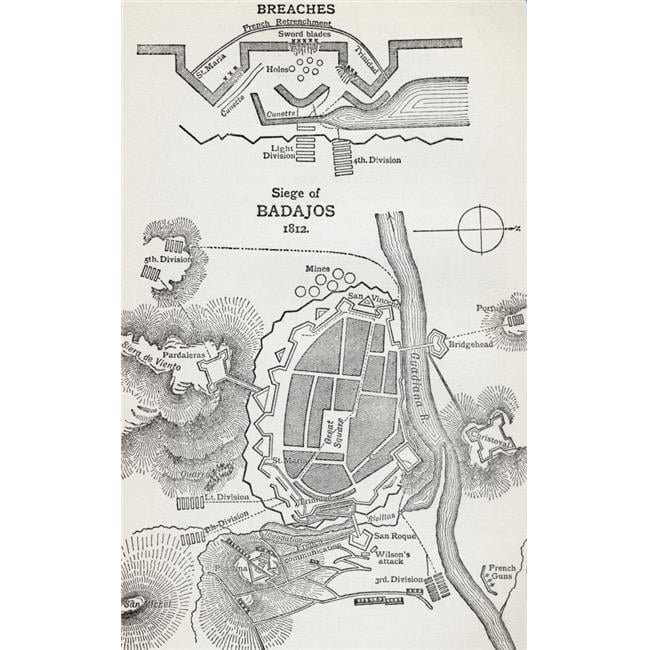 Map Showing The Site of The Siege of Badajoz - Spain 1812 From The Book ...